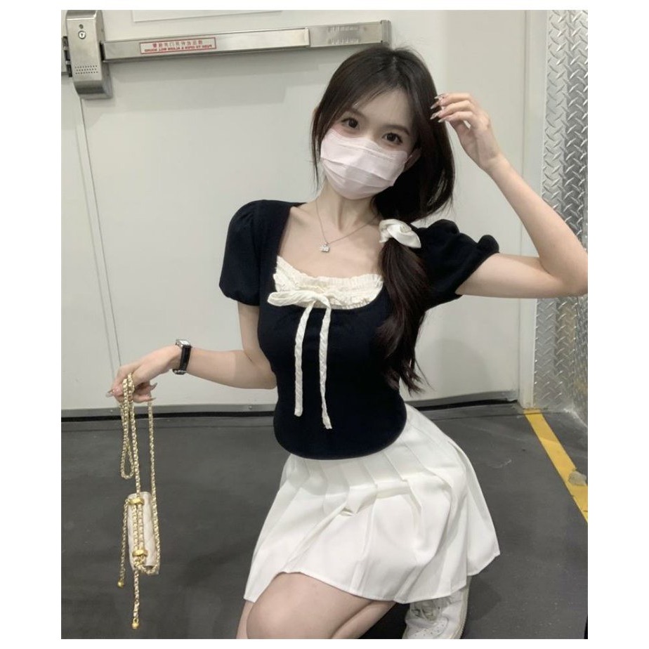 Áo coquette tay ngắn cổ tròn đính nơ dáng croptop style brandy hàn quốc ...