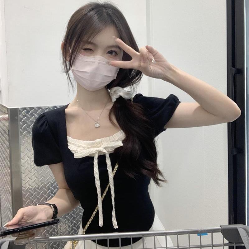 Áo coquette tay ngắn cổ tròn đính nơ dáng croptop style brandy hàn quốc ...