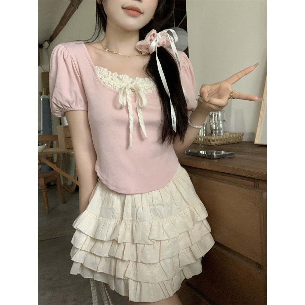 Áo coquette tay ngắn cổ tròn đính nơ dáng croptop style brandy hàn quốc ...