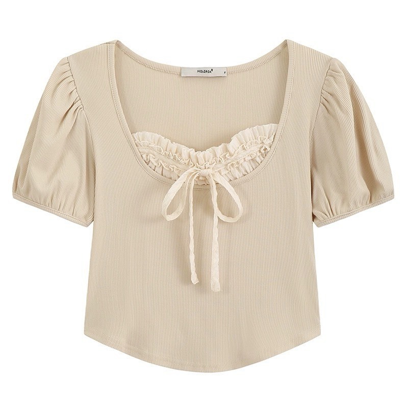 Áo coquette tay ngắn cổ tròn đính nơ dáng croptop style brandy hàn quốc ...