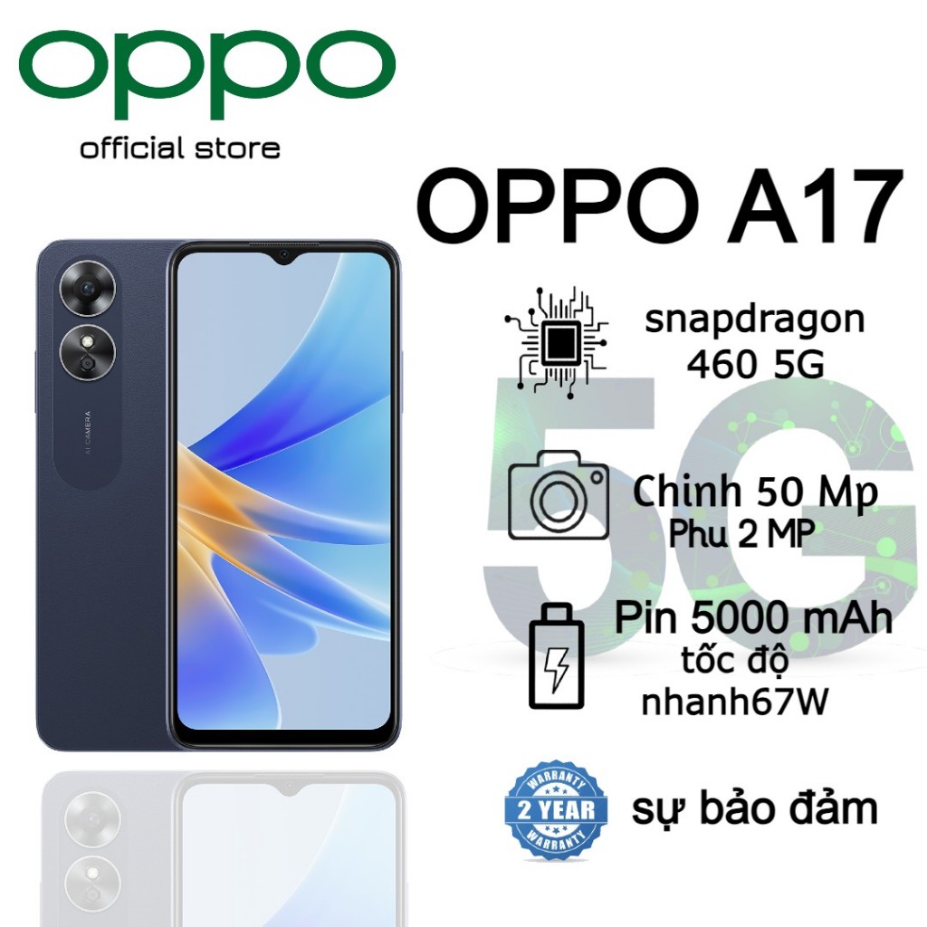 Điện thoại thông minh OPPO A17 | RAM 4GB + ROM 64GB | Bộ nhớ có thể mở ...