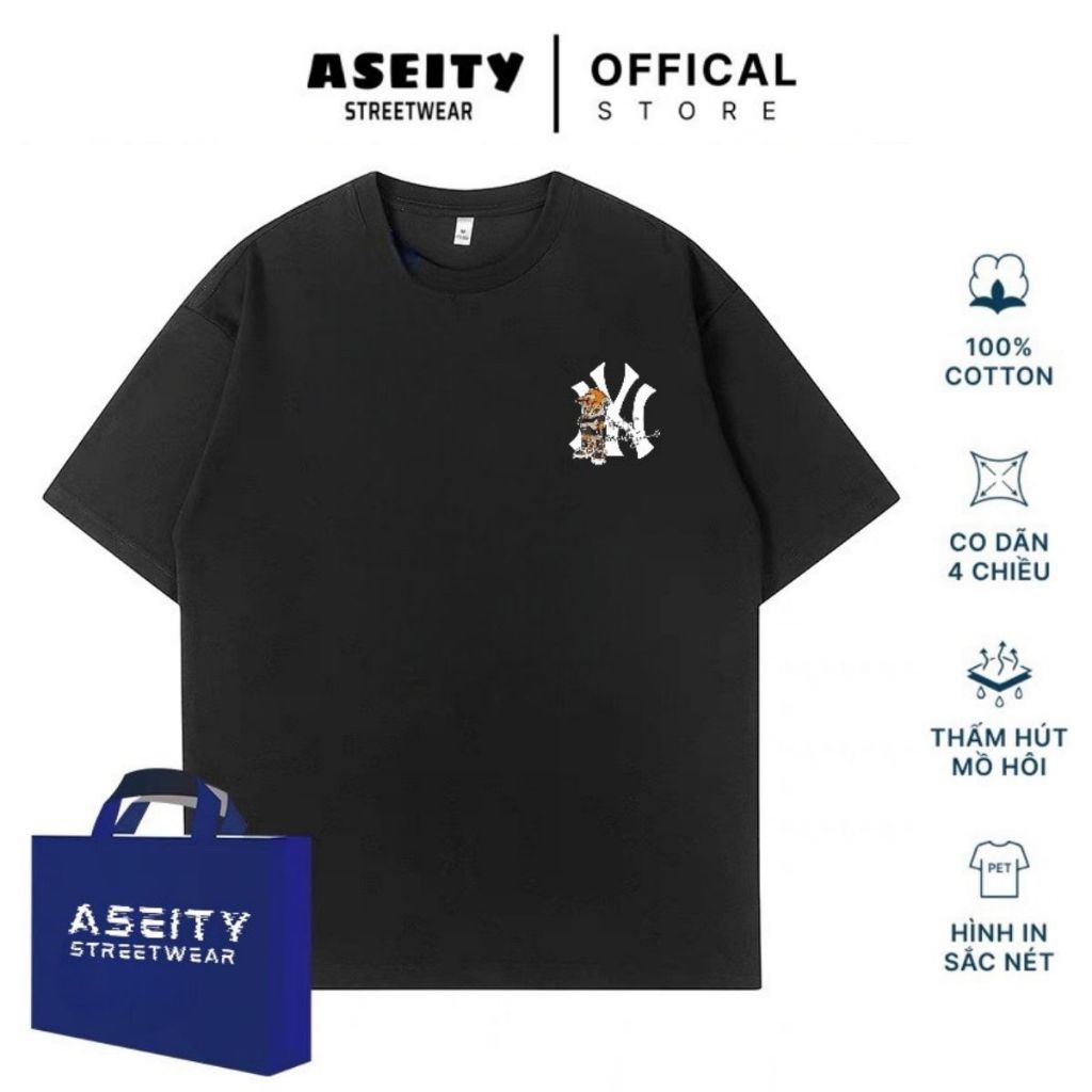 Áo Thun ASEITY Phong Cách Unisex Form Rộng MLB.NY Mix Gấu Cool Ngầu ...