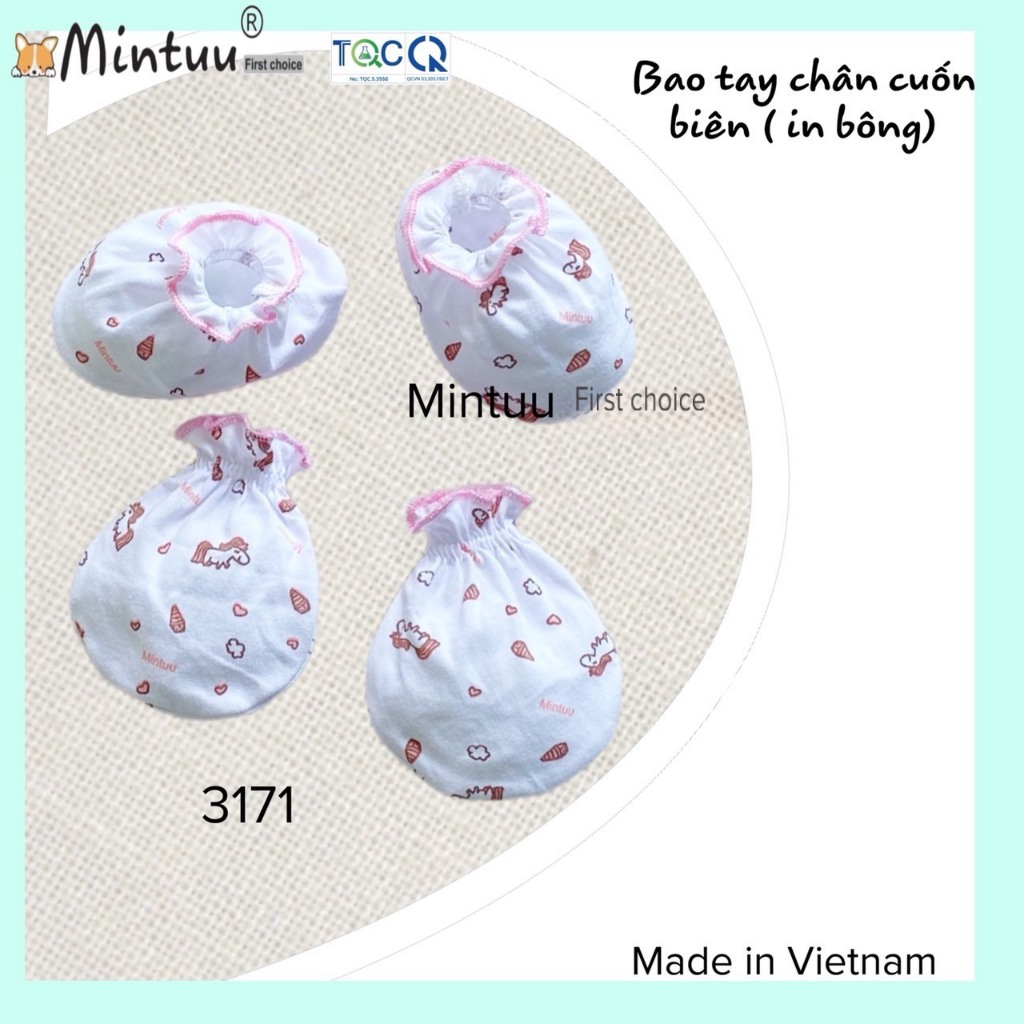 Bộ bao tay bao chân sơ sinh, bao tay chân cuốn biên in họa tiết Mintuu ...