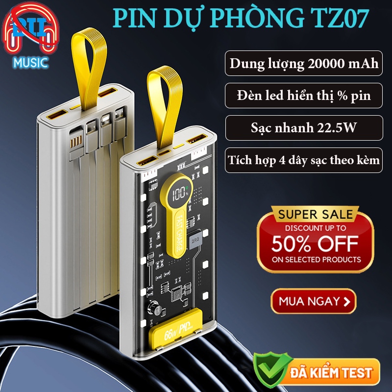 Pin sạc dự phòng TZ07 dung lượng 20000 mAh, sạc dự phòng tích hợp 4 dây ...