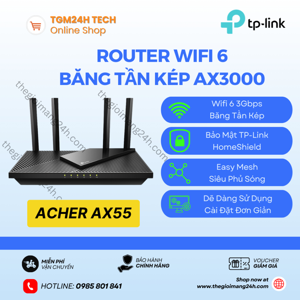 Router Wifi TP-Link Archer AX55 Chuẩn Wi-Fi 6 AX3000 băng tần kép. Hàng ...