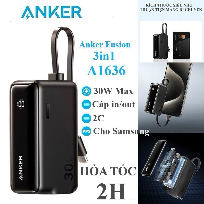 [HCM]Củ sạc nhanh PD 30W kiêm pin dự phòng 5000mAh Anker Fusion A1636 cáp typeC tích hợp, màn ...