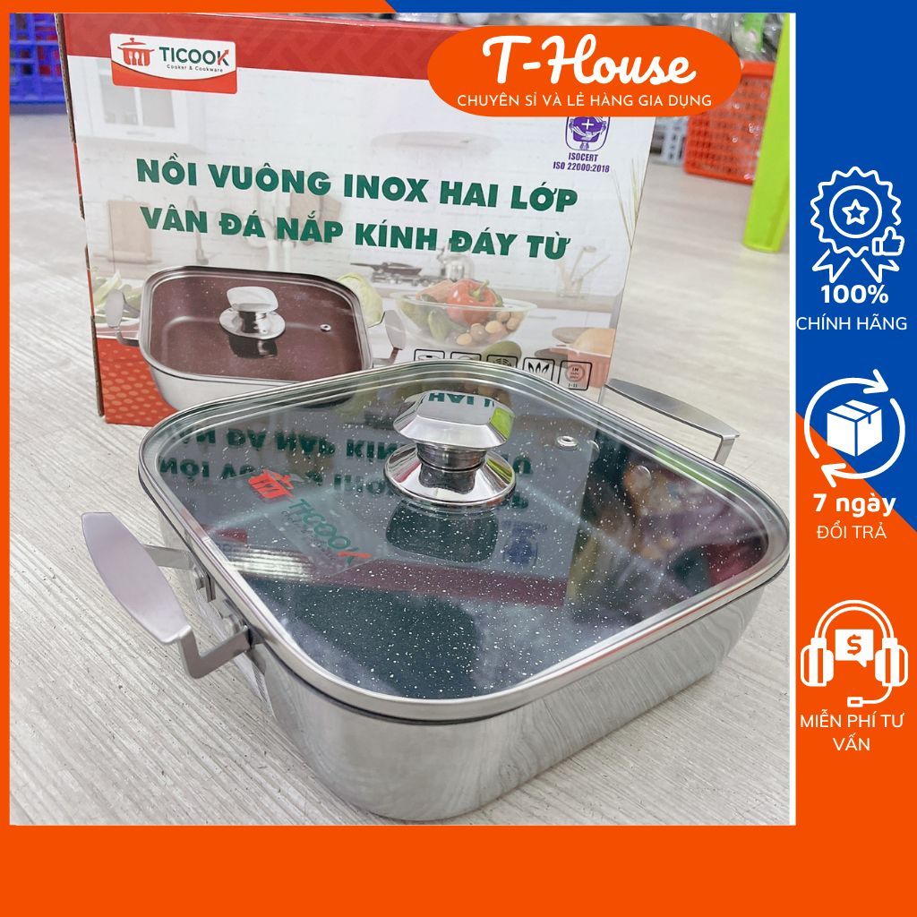 Nồi vuông inox Ticcok 2 lớp vân đá nắp kính đáy từ, Nồi ticook 2 quai ...