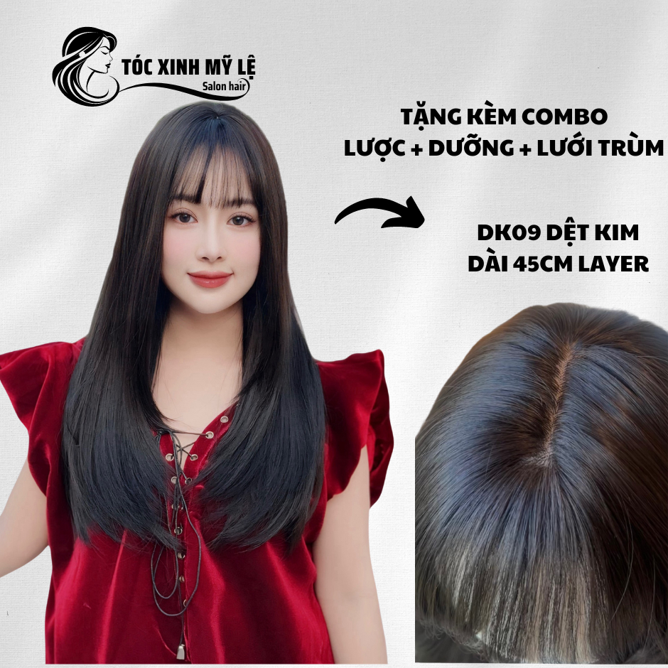 Tóc giả dệt kim nguyên đầu layer DK09 dài 45cm, sợi tơ cao cấp (Tặng combo lược + dưỡng + lưới ...
