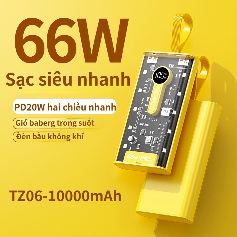 Sạc Dự Phòng Trong Suốt 10000mAh TZ06 Với 2 Cổng Sạc Nhanh 22.5w và PD 20W Kèm 4 Đầu Sạc Màn ...