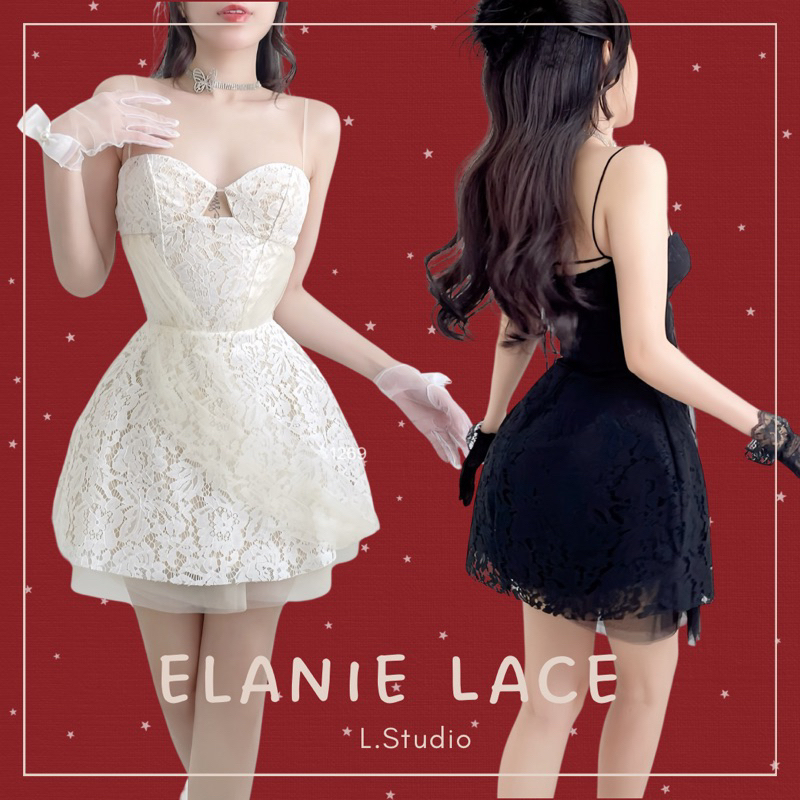 ELANIE - Đầm 2 dây ren Pháp ngực cutout quyến rũ, phối lưới độc đáo ...