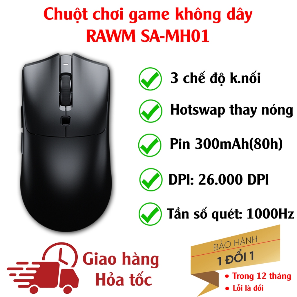 Chuột Rawm SA MH01 8000Hz Chuột gaming không dây kết nối 3 chế độ Cắm dây Bluetooth Wireless 2 ...