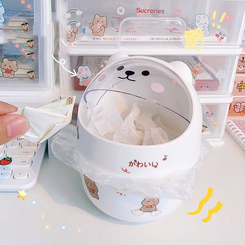 (Tặng kèm Sticker) Thùng rác Mini nắp lật hình gấu để bàn dễ thương ...