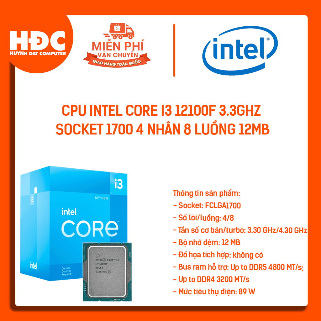 CPU INTEL CORE I3 12100F TRAY 3.3GHZ SOCKET 1700, 4 NHÂN 8 LUỒNG 12MB ...