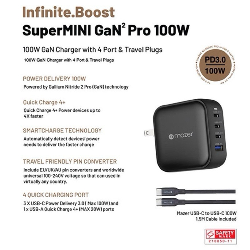 Adapter Củ Sạc MAZER Infinite.BOOST SuperMINI GaN PD100W Wall Charger ...