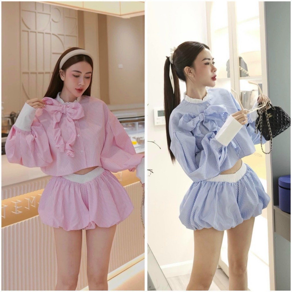 Set áo sơ mi croptop tay dài phồng đính nơ quần bí dễ thương Ebe Set ...