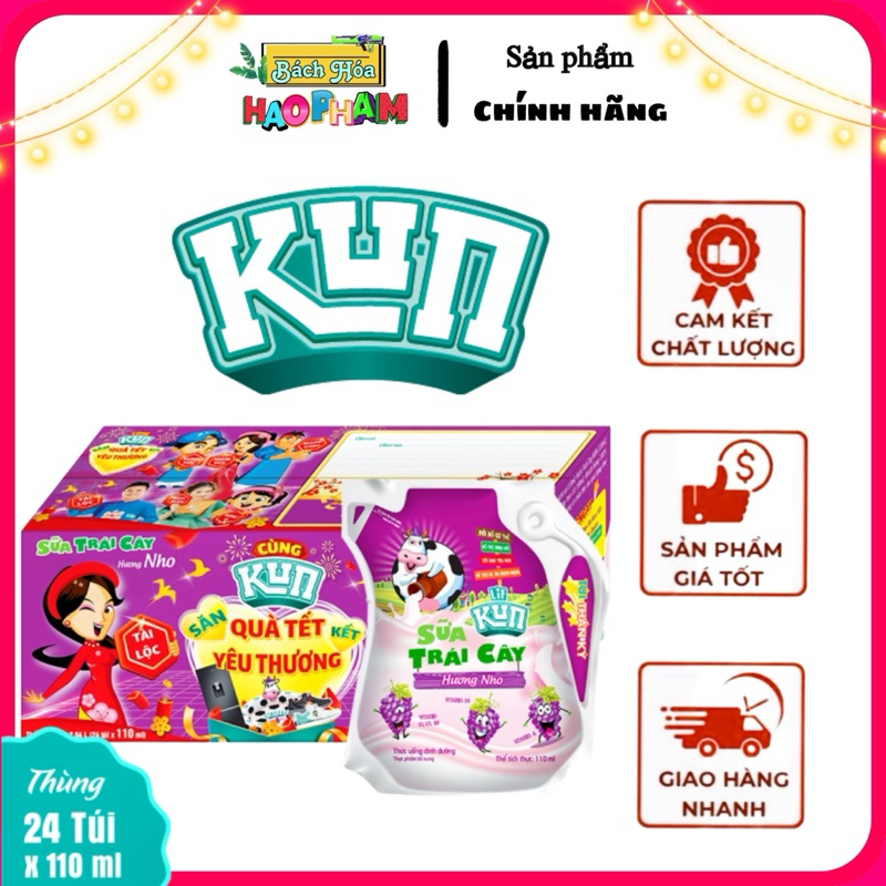 Thùng Sữa KUN Trái Cây (Hương Nho), Thùng 24 Túi x 110ml, Sữa Chua Trái ...