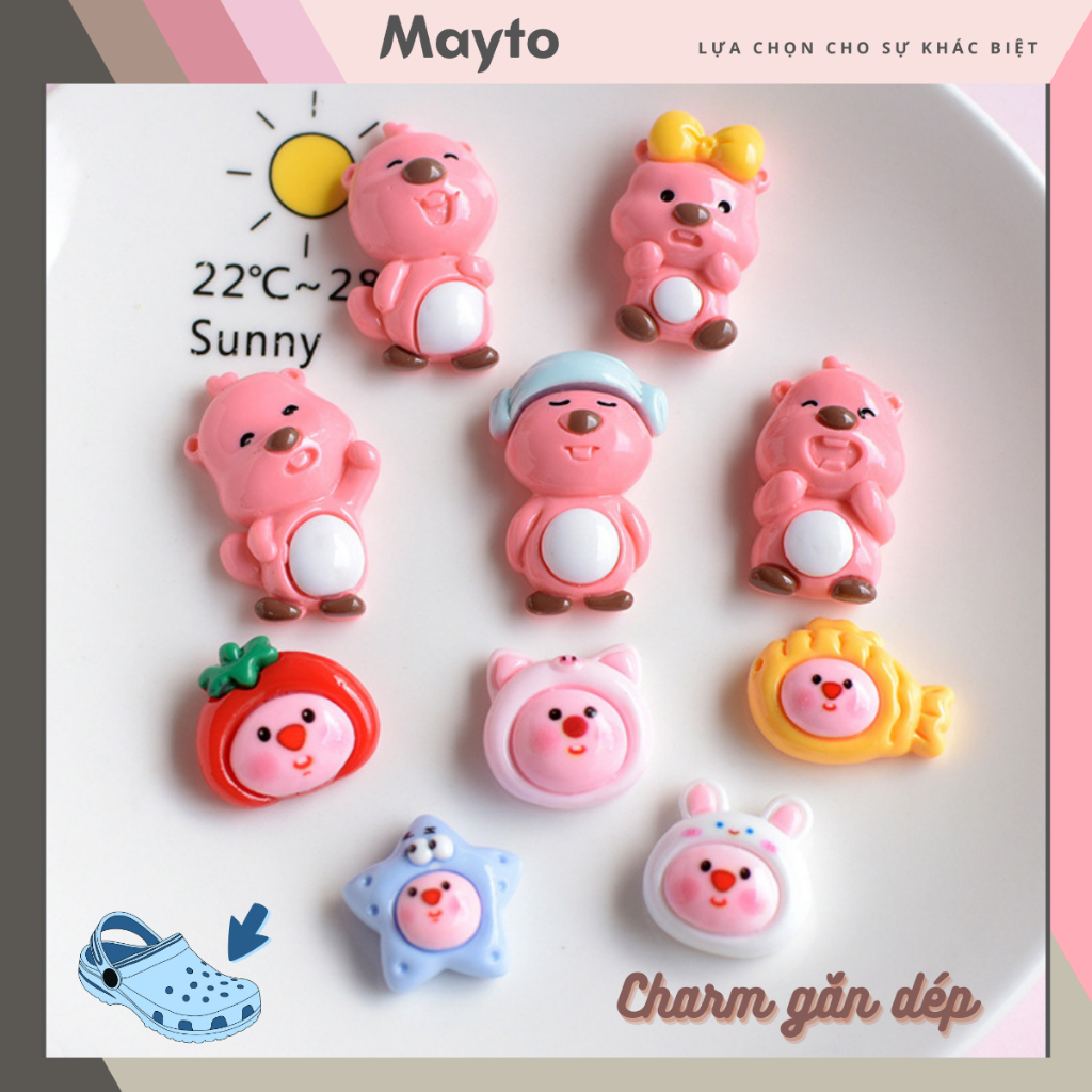Bộ 14 Sticker, Charm 3D chủ đề heo Loopy DIY Mayto nhựa cứng gắn Dép ...