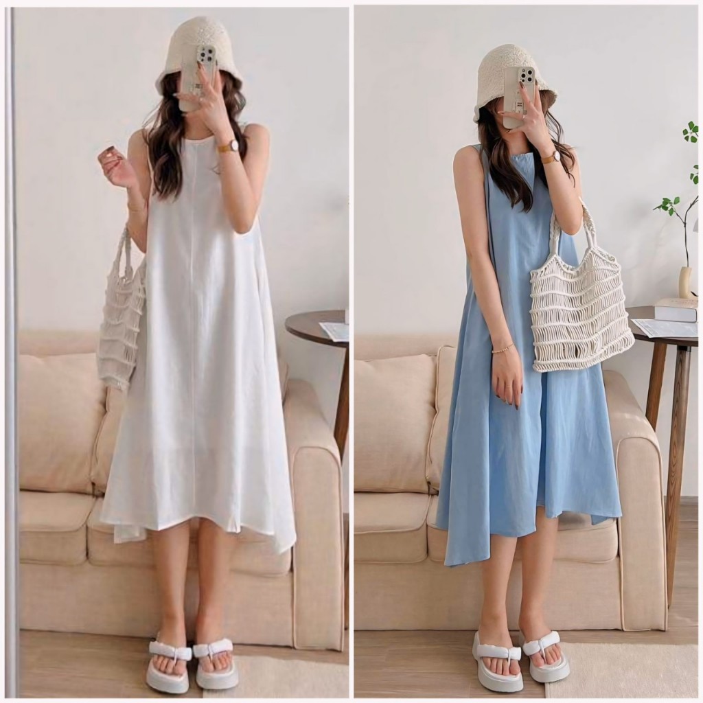 BARE_(XẢ HÀNG) Đầm chữ A sát nách chất đũi mềm mịn form rộng phong cách ...