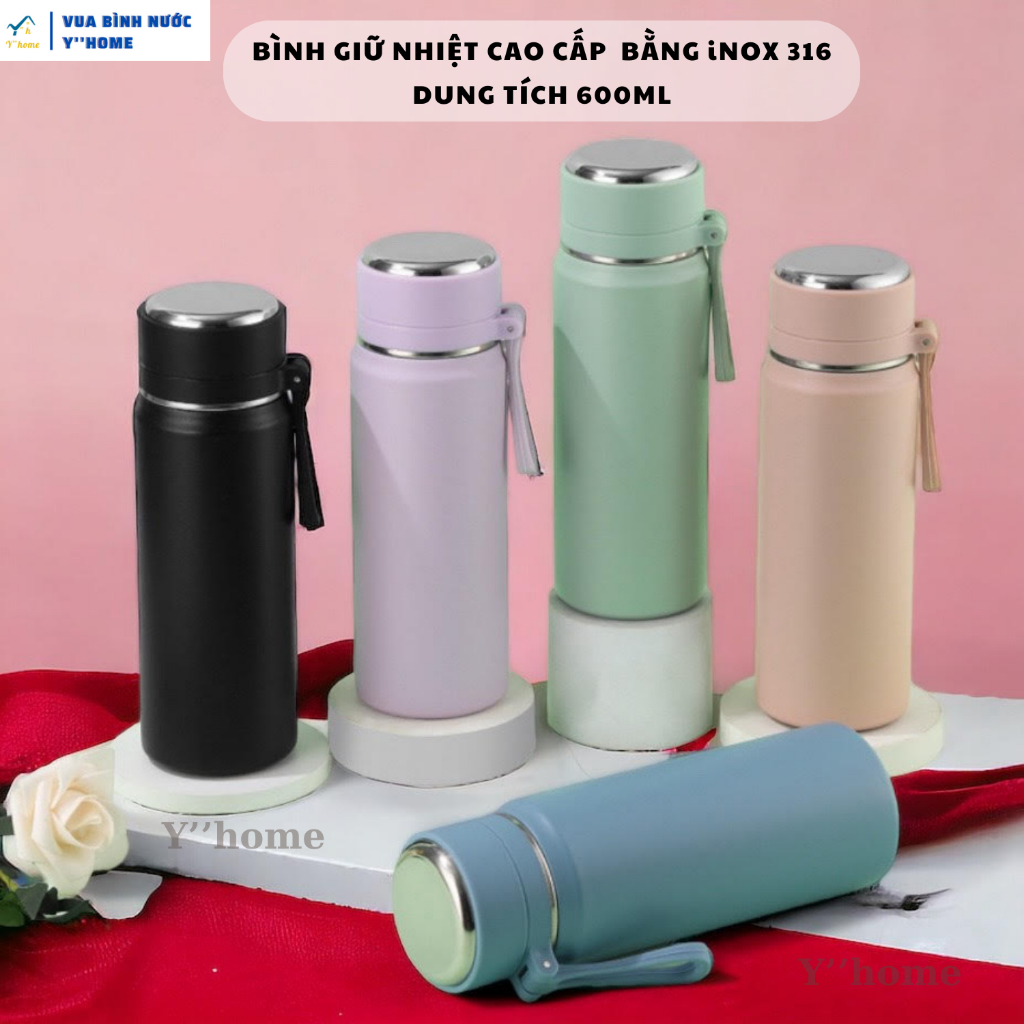 Bình giữ nhiệt nóng và lạnh bằng inox 316 600ml, Bình nước cầm tay 2 nắp đậy, nhỏ gọn dễ dàng ...