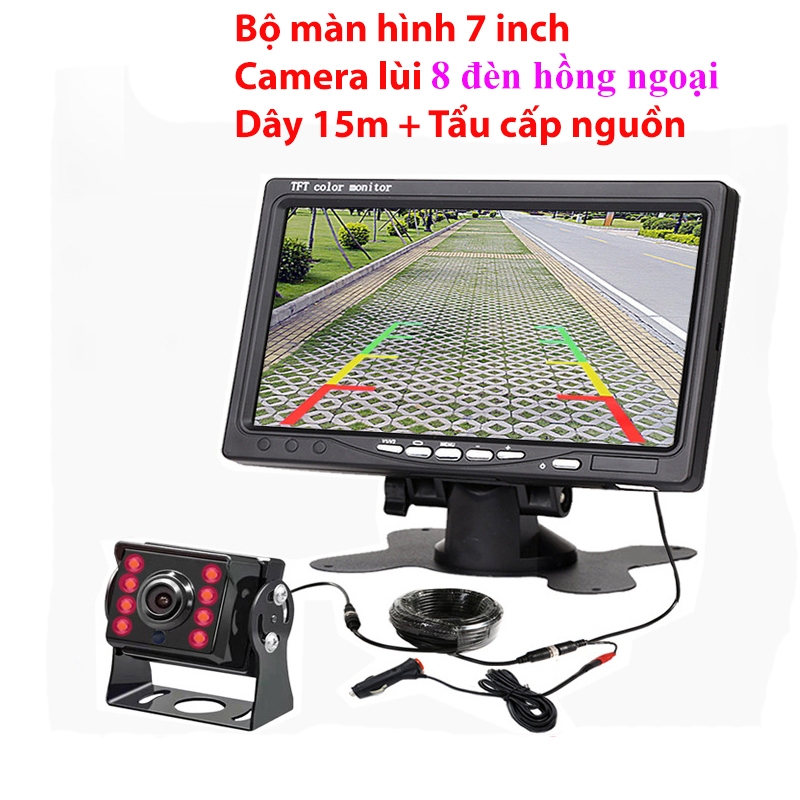 Bộ camera lùi ô tô, xe cẩu, xe nâng, máy xúc, màn hình 7 inch, camera 8 ...