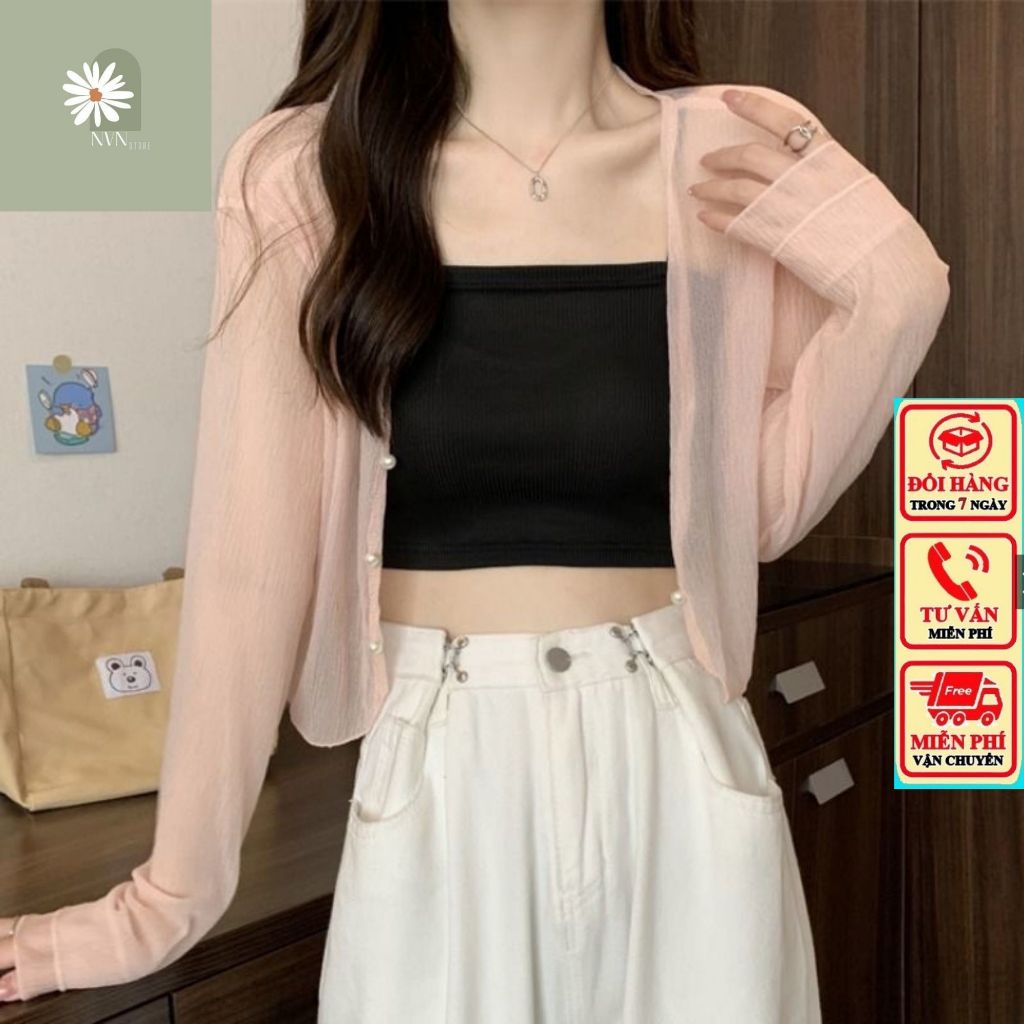 Áo Khoác Nữ Dáng Croptop, Áo Cadigan Tay Dài Dệt Kim Xuyên Thấu Mùa Hè Phối 2 Hàng Khuy Ngọc Với ...