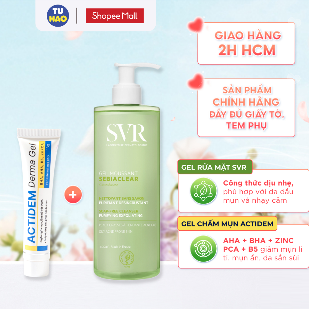Combo da mụn Gel rửa mặt SVR Sebiaclear 400ml + Gel giảm mụn Actidem ...