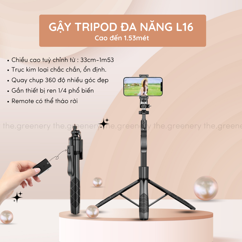 Gậy Chụp Ảnh 3 Chân kiêm Tripod L16 gấp gọn kéo dài 1m55 sử dụng cho điện thoại, Gopro, máy ảnh ...