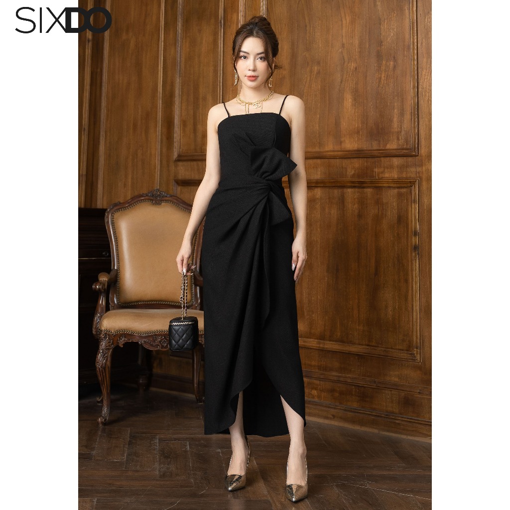 Đầm hai dây phối nơ eo, xẻ tà SIXDO (Black Strappy Midi Tweed Dress ...
