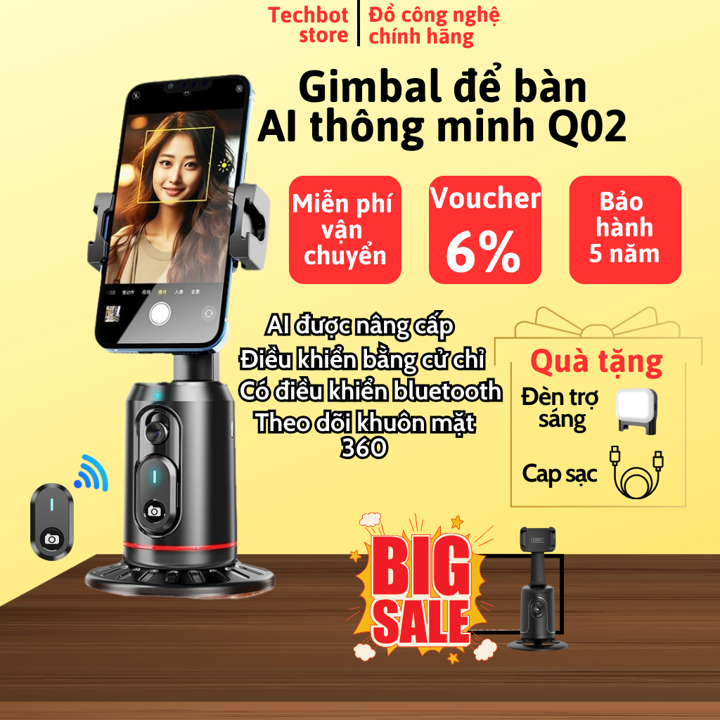 Gimbal chống rung điện thoại Q02, gimbal thông minh AI có điều khiển bluetooth và tích hợp theo ...
