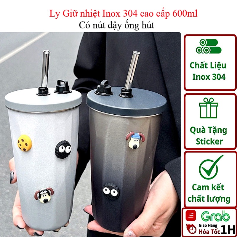 Ly giữ nhiệt Inox 304 2 lớp chân không có nút đậy ống hút 600ml | Shopee Việt Nam