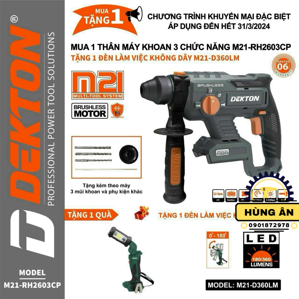 Máy khoan đục bê tông dùng pin Dekton M21-RH2603ATC/Lực đập 2.6J/SDS Plus 26mm/Chân pin phổ ...