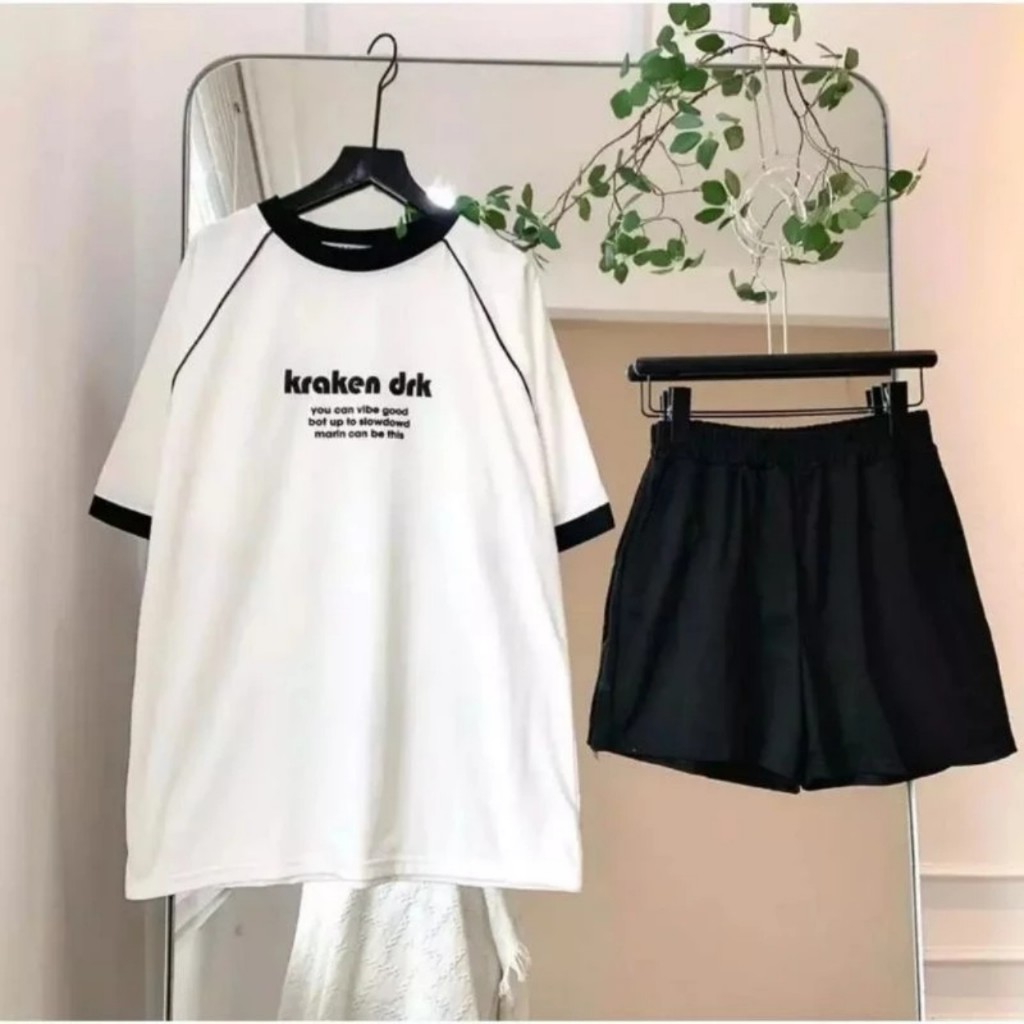 Bộ quần đùi áo thun unisex nữ tay lỡ form rộng chất cotton su in chữ ...
