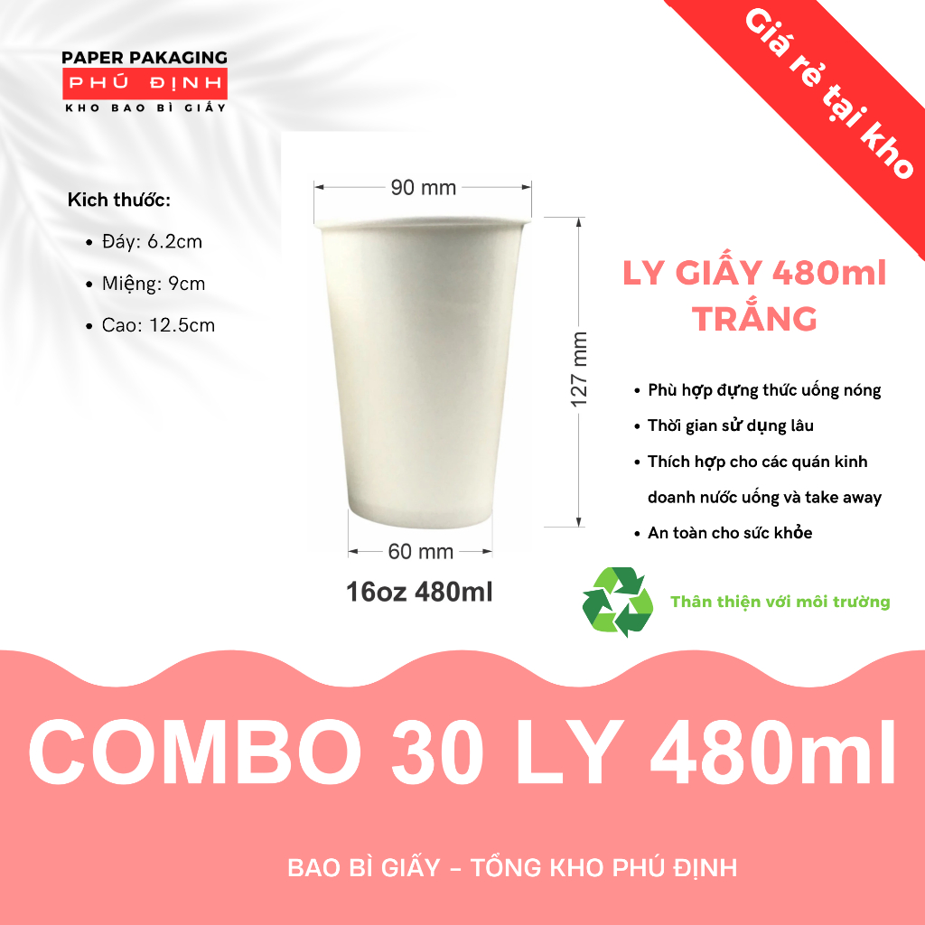 Cốc giấy- Ly giấy 480ml - 30 ly/ lốc, ly giấy dùng 1 lần, ly giấy nha khoa, ly giấy văn phòng ...