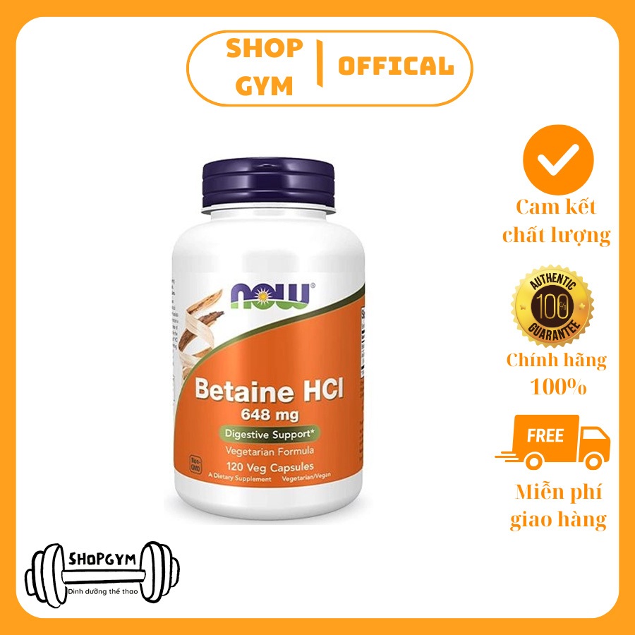Viên uống NOW Betaine HCL 648 mg, 120 Veg Capsules hỗ trợ tiêu hóa ...