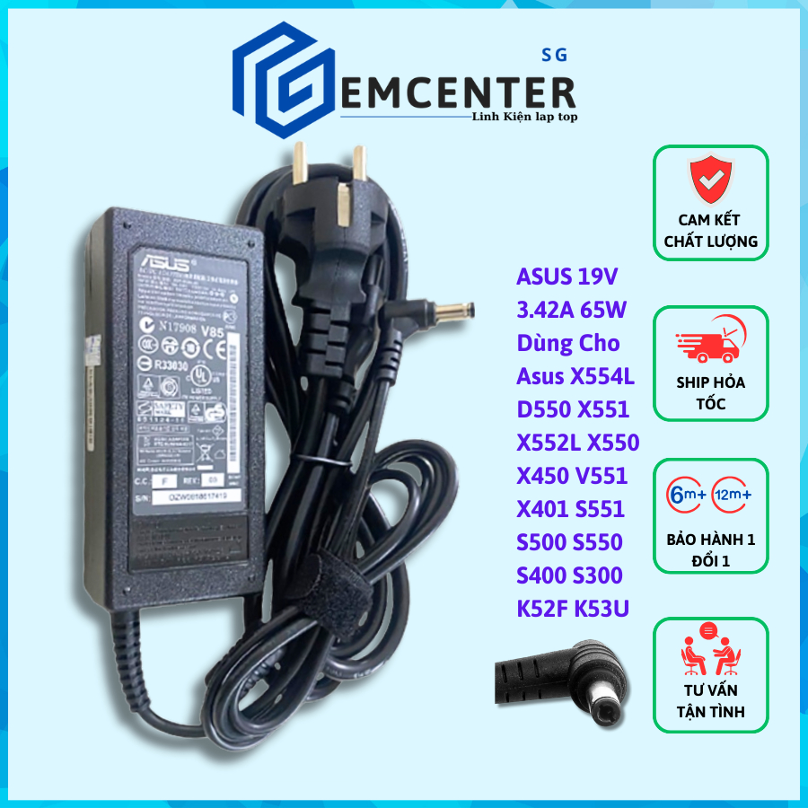 Sạc Laptop ASUS 19V 3.42A 65W Dùng Cho Asus X554L D550 X551 X552L X550 ...