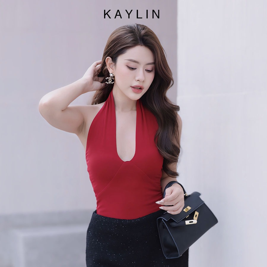 Áo thun KAYLIN cách điệu cổ yếm hở lưng chất vải lụa zíp thiết kế phong ...