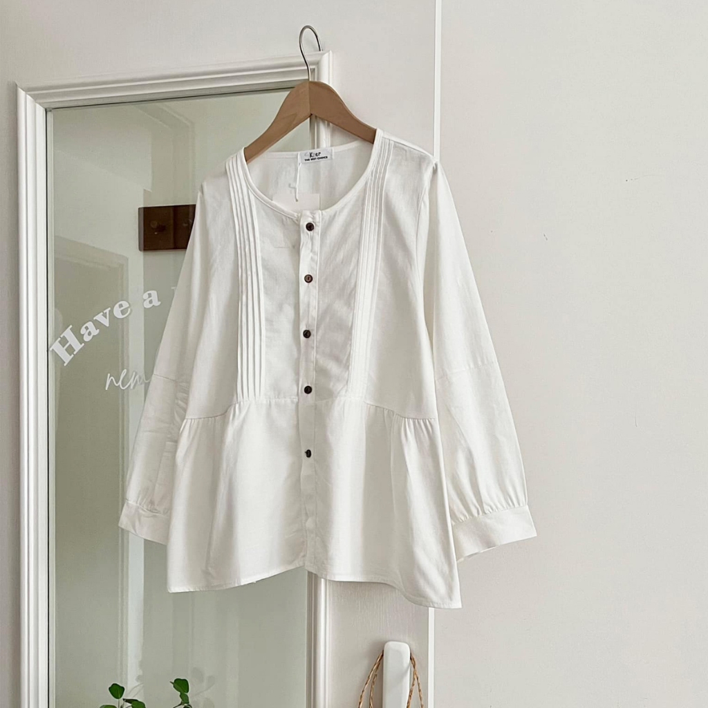 Áo sơ mi kiểu nữ, Áo sơ mi babydoll xếp ly dọc khuy gỗ "Sandy" Hàn Quốc ...