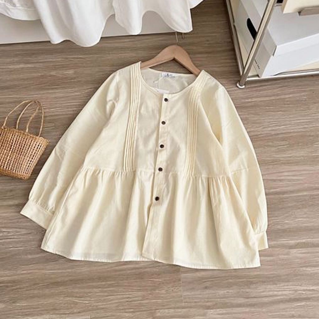Áo sơ mi kiểu nữ, Áo sơ mi babydoll xếp ly dọc khuy gỗ "Sandy" Hàn Quốc ...