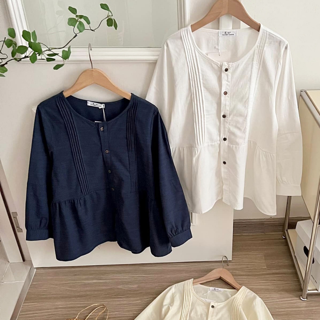 Áo sơ mi kiểu nữ, Áo sơ mi babydoll xếp ly dọc khuy gỗ "Sandy" Hàn Quốc ...