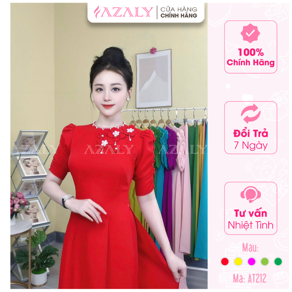 Áo Dài Cổ Tròn Tay Bồng Đính 5 Hoa AZALY Che Khuyết Điểm Bắp Tay To, Mặc Tự Tin-Hàng Cao Cấp ...