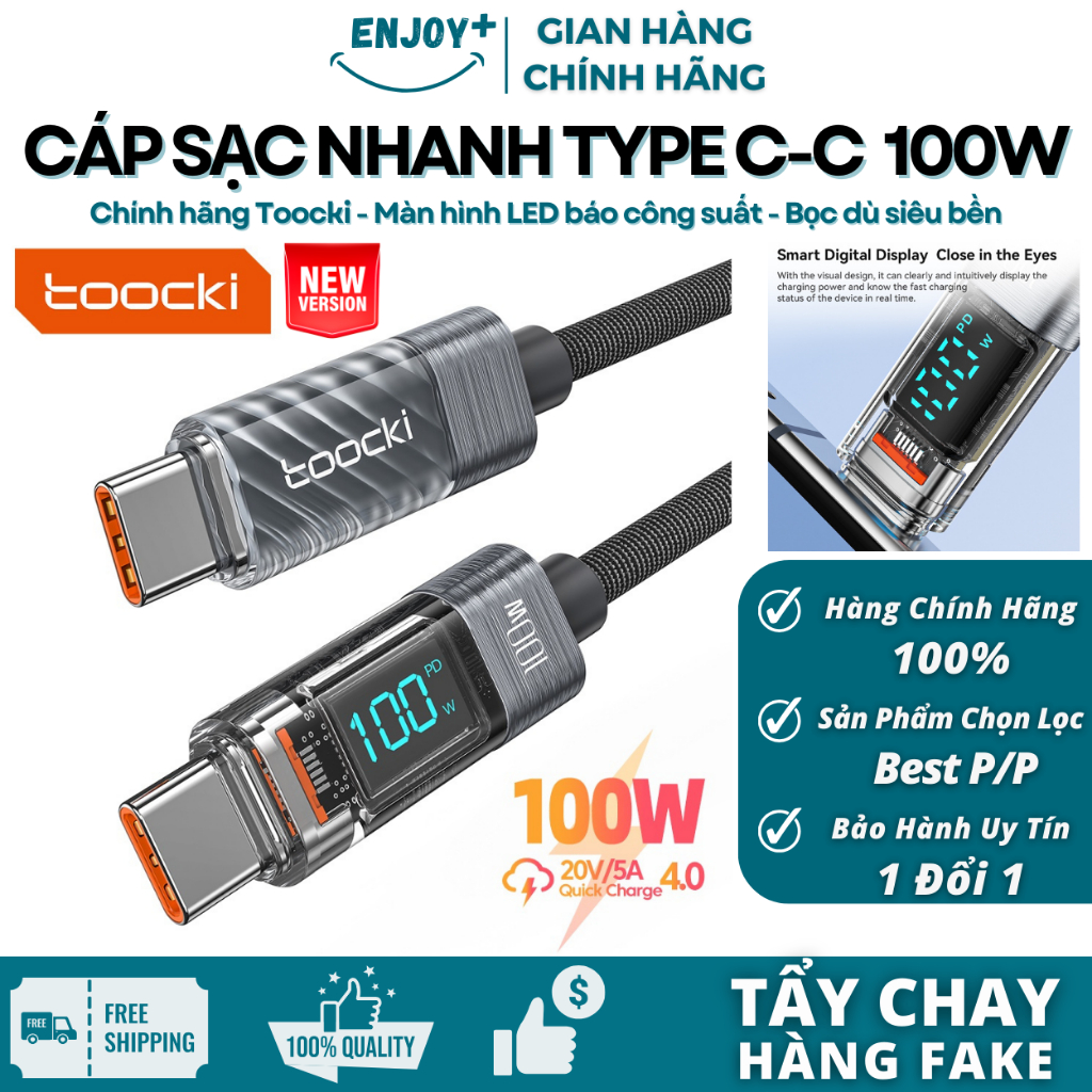 Cáp Sạc Nhanh USB Type C to C Toocki Chuẩn PD 100W - Có LED Đo Công Suất Thông Minh - ENJOY PLUS ...