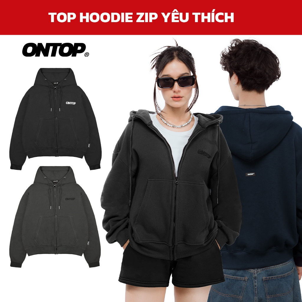 Áo hoodie zip boxy ONTOP nam nữ vải nỉ bông màu xám, đen trơn Boxy Zip ...