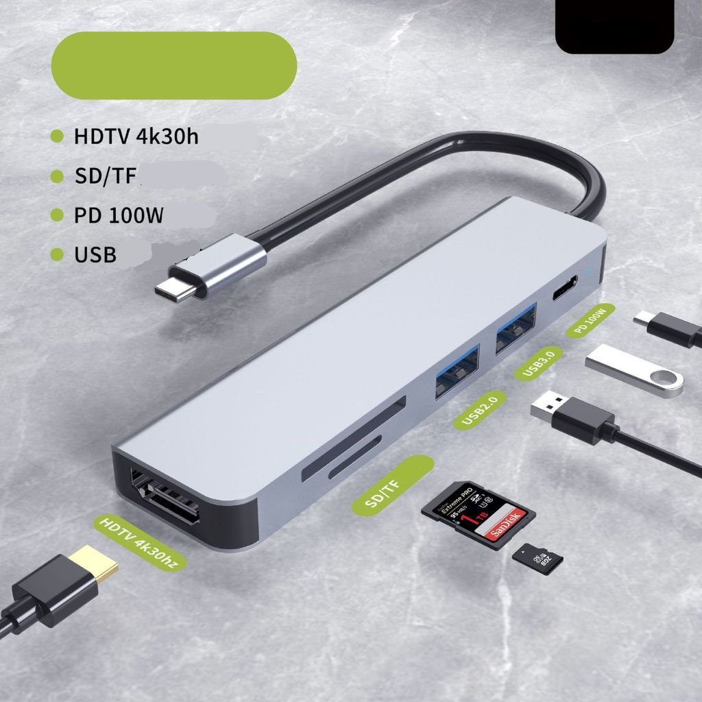 Hub Type C, Hub USB 3.0 tốc độ cao,Hub chia cổng 6 trong 1, Rj45,VGA ...