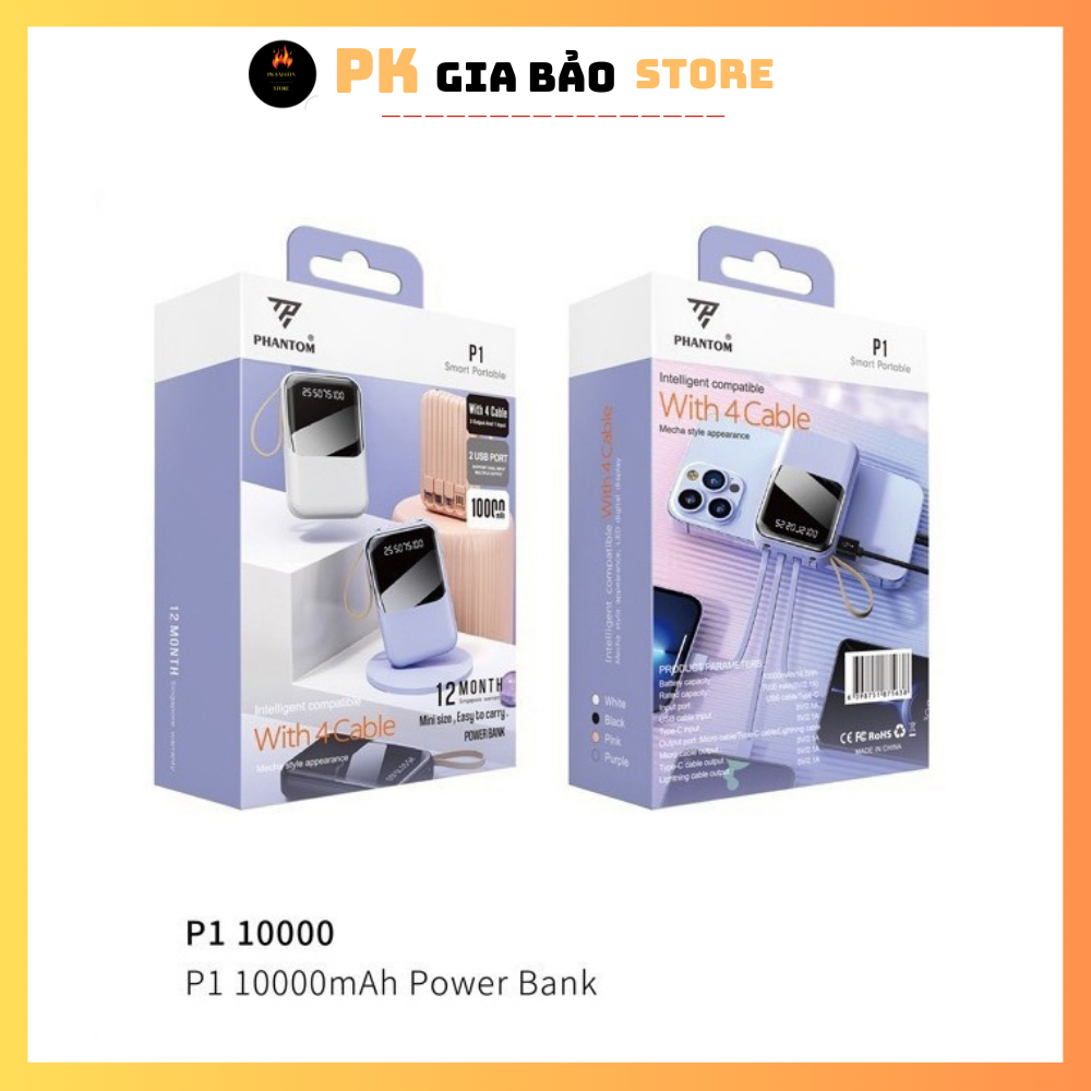 Pin dự phòng mini PHANTOM P1 nhỏ gọn 10000mAh tích hợp 4 cáp sạc - có 2 ...