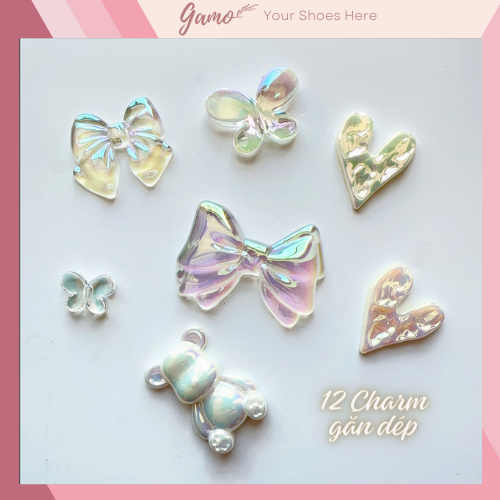 Set 12 Sticker, Charm 3D chủ đề gấu trong ánh màu DIY Gamo gắn Dép ...