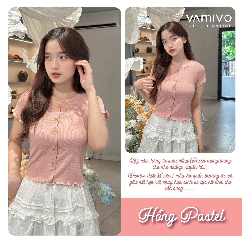 Áo thun kiểu nữ ATK02, áo thun trơn nữ viền bèo khuy hoa chất tăm Hàn thương hiệu Vamivo, may kỹ ...