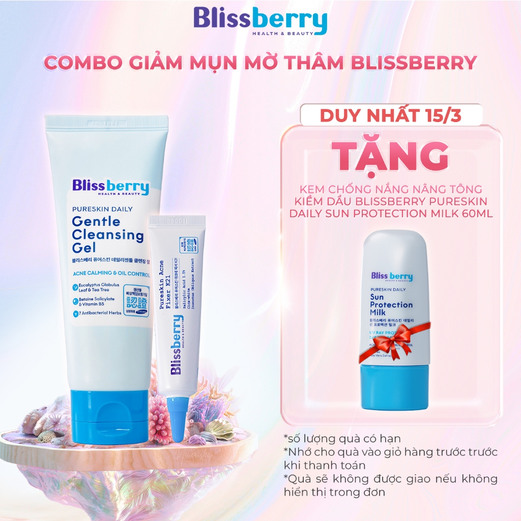Combo Giảm mụn mờ thâm Blissberry Gel giảm mụn 15ml và Sữa rửa mặt ...