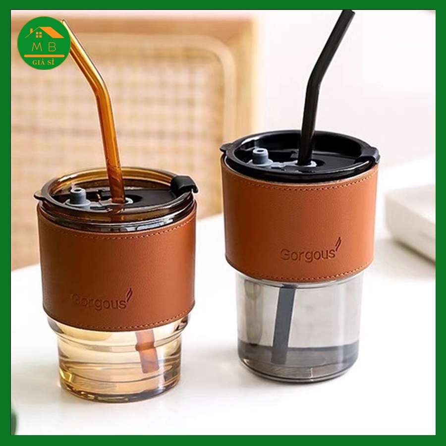 Cốc thủy tinh Gorgous có nắp ống hút và bao da đi kèm - 450ml bình thủy tinh bao da chất lượng ...