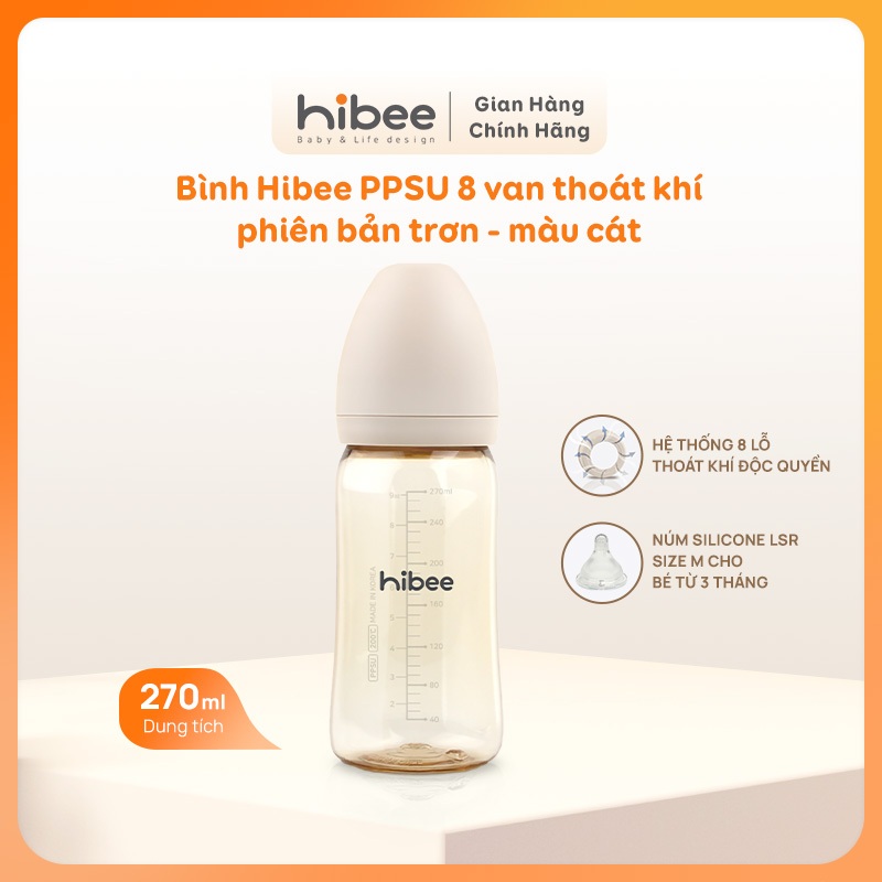 Bình sữa Hibee PPSU 8 van trơn/nắp cát - 270ml/ Kèm núm M 3-5m | Shopee ...