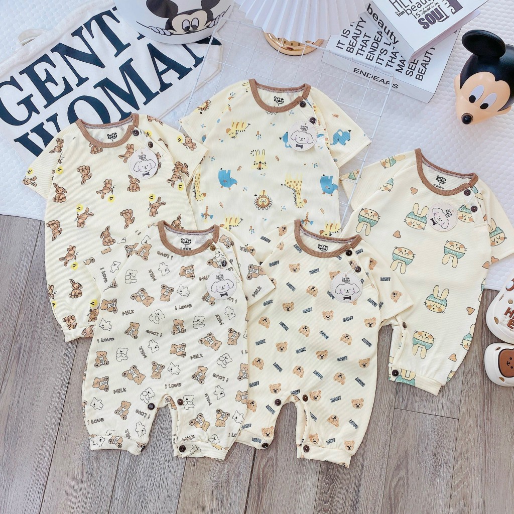[Bé 4-10kg] Bodysuit , Body đùi thun gân tăm lạnh nền kem in hình cho bé trai bé gái từ 4-10kg ...
